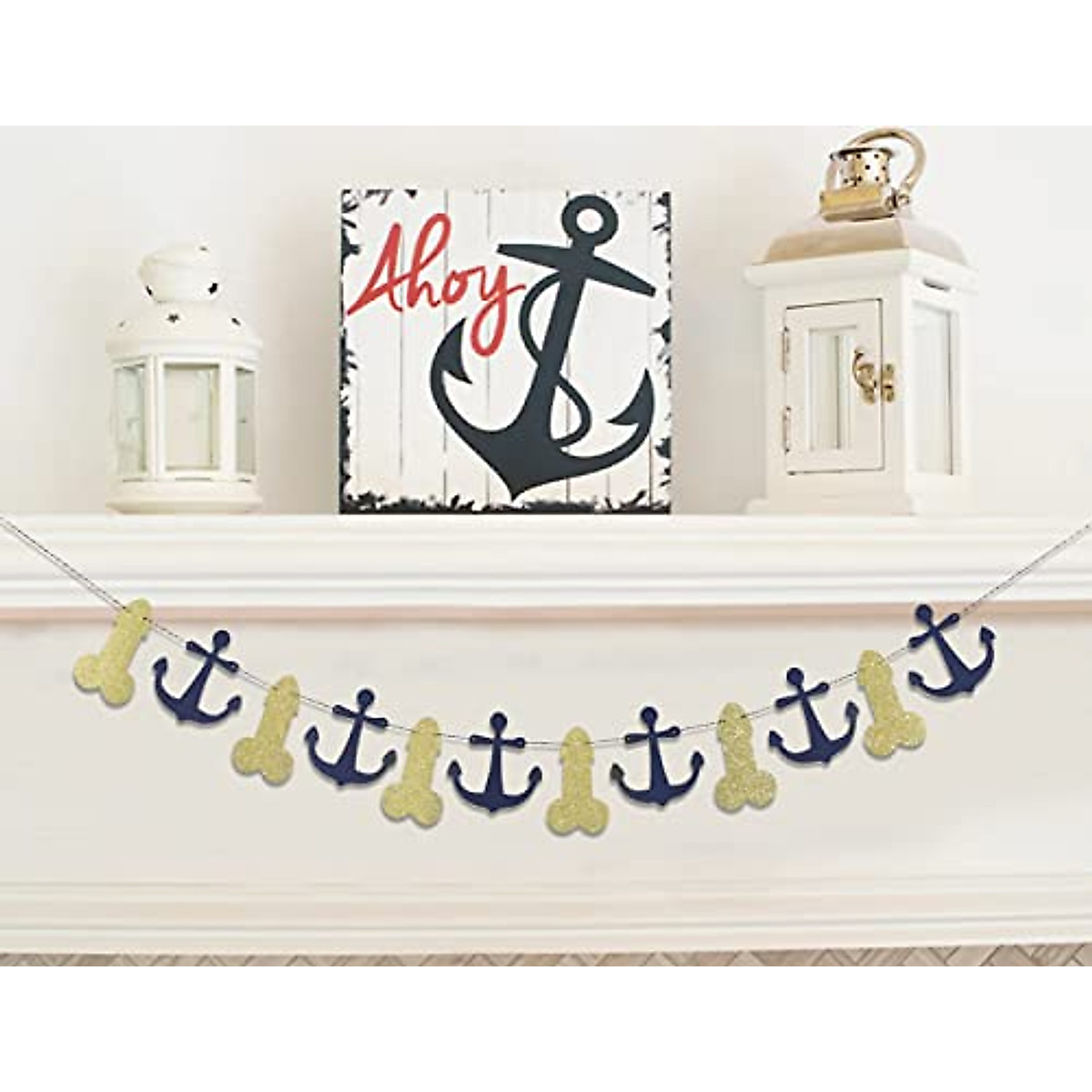 Glitter Gold and Navy Blue Anchors - Lake House Bachelorette, Nautical Bachelorette Party Decorations, Blue Anchors and Gold Cardboard Wreath for a Nautical Themed Party