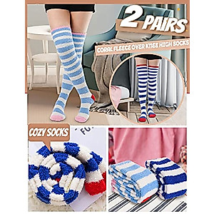 MOGGEI Womens Thigh High Fuzzy Socks Over Knee High Striped Stocking Stuffers Fluffy Cozy Slipper Fleece Gift Socks 2 Pairs (Blue & White Striped)