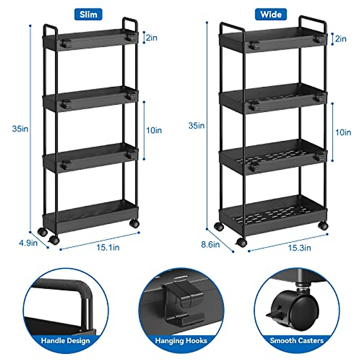 2 Pack 4 Tier Slim Storage Cart, Bathroom Organizer Laundry Room Organization Mobile Shelving Unit Slide Out Utility Rolling Rack with Wheels for Kitchen Garage Office Small Apartment Narrow Space