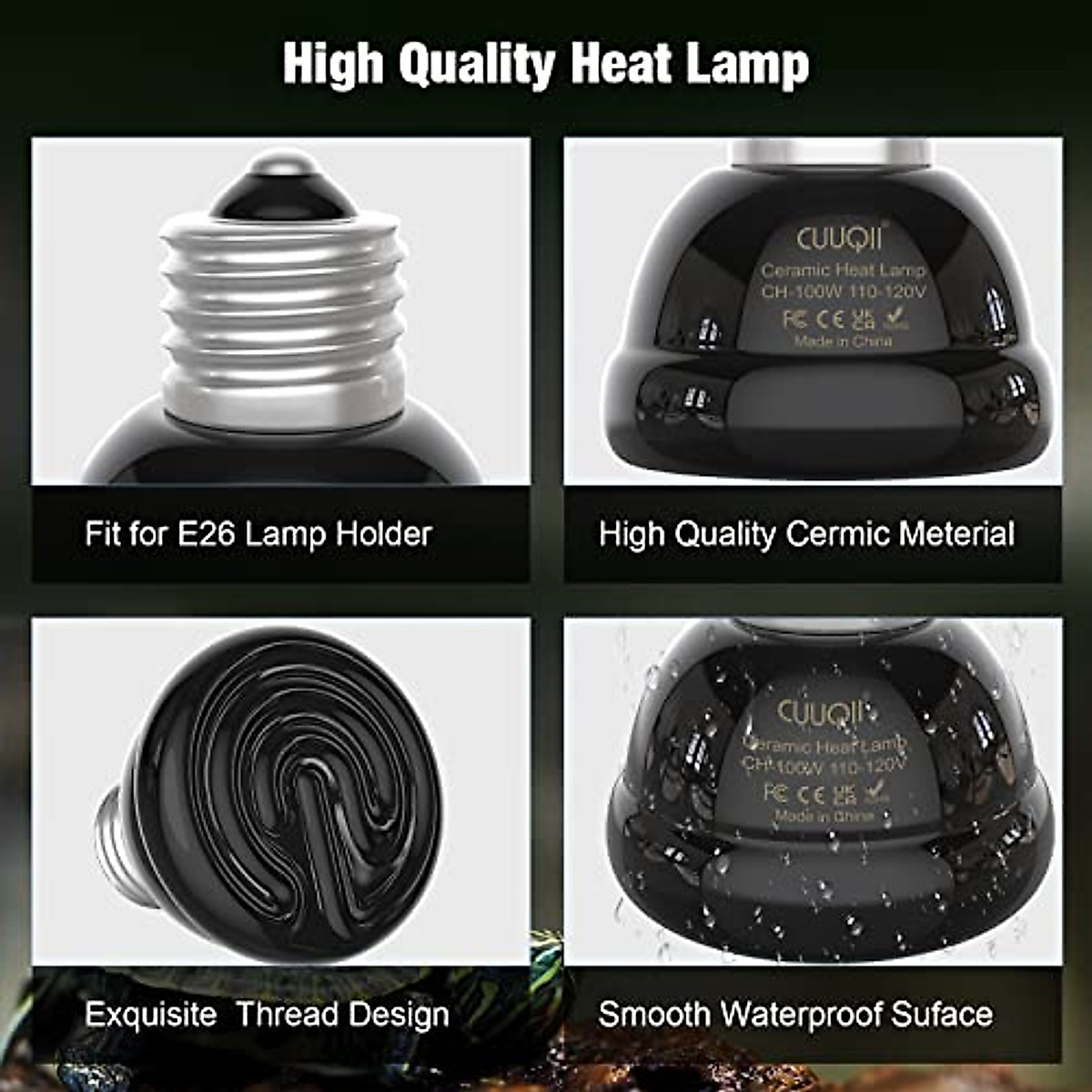 CUUQII 2 Packs Reptile Heat Lamp Ceramic Emitter, 100W Heat Lamp Bulbs Ceramic Heat Lamp No Light Emitting Chicken Coop Heater for Amphibian Pet Incubating Chick Reptile Heater-E26/E27 Base