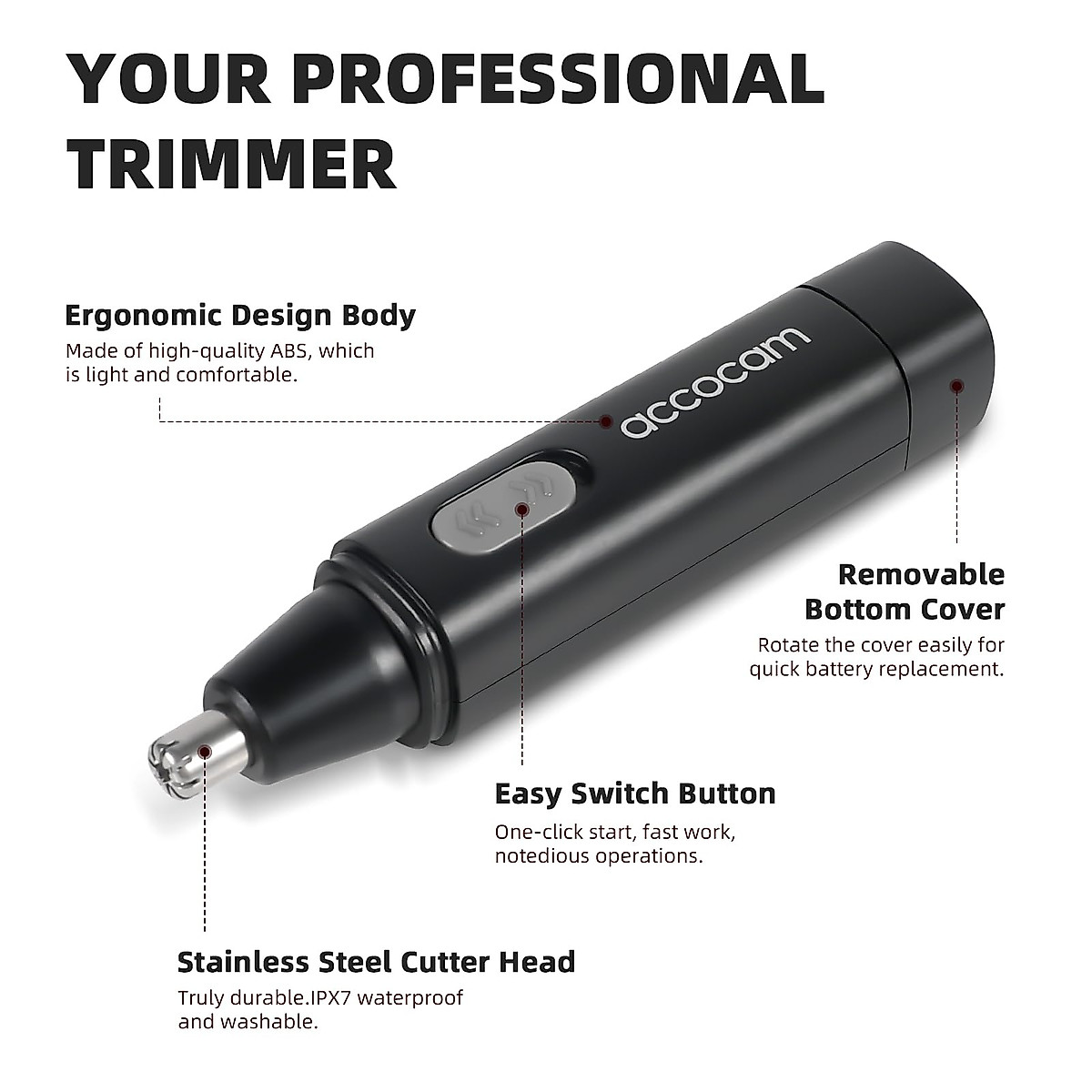 ACCOCAM 2022 Nose Ear Hair Trimmer for Men Women, Electric Nostril Nasal Hair Clippers Trimmers Remover with Vacuum Cleaning System, IPX7 Waterproof, Mute Motor, Wet/Dry, Battery-Operated