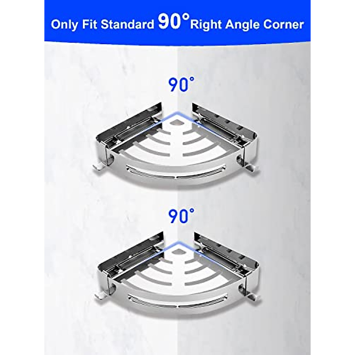 KEIJO 2-Pack Corner Shower Caddies Bathroom Shelves with 4 hooks,No Drilling,Stainless Steel,Shower Storage Organizer for Kitchen, Dorm and Toilet with Adhesive (Silver)