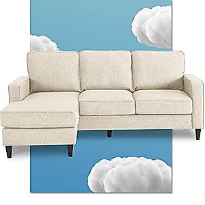 Serta Harmon Square Arm Reversible Sectional Sofa Living Room, Modern L-Shaped 3 Seat Fabric Couch, Cream