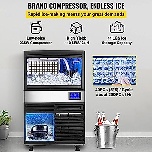 Commercial Stainless Steel Ice Maker Machine with 110LBS/24H Capacity, 39LBS Bin, Electric Water Drain Pump, Water Filter, 2 Scoops, and Connection Hose - Auto Operation for Home, Bar, Restaurant