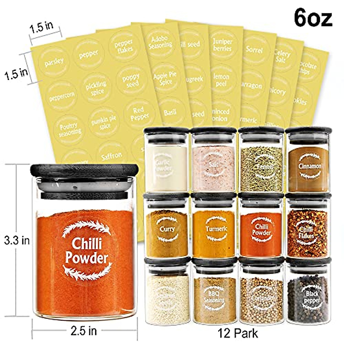 Urban Green Glass Jars with Black Lids, Glass Food Storage Canisters with airtight lids, Glass Spice Containers with Bamboo Lids, Glass Spice Jars, Glass Herb Jars, Spice Jars (12 Sets of 6oz)