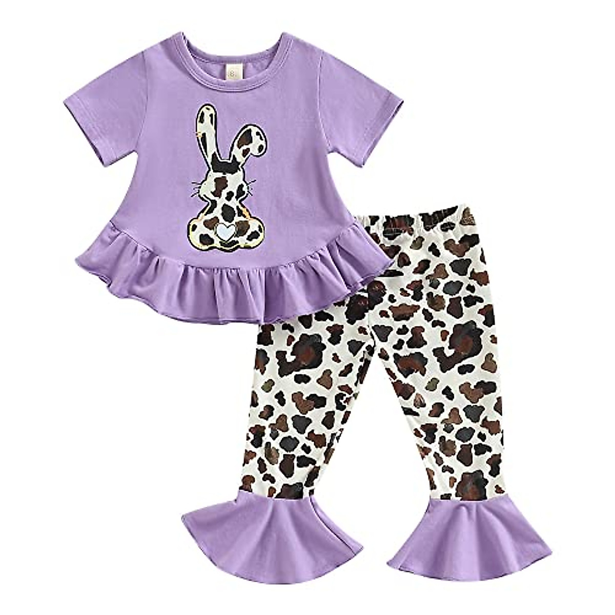 Toddler Kids Baby Girl Easter Outfit Bunny Print Short Sleeve T-Shirt Tops Leopard Flare Pants 2pcs Summer Clothes (Purple,18-24M)