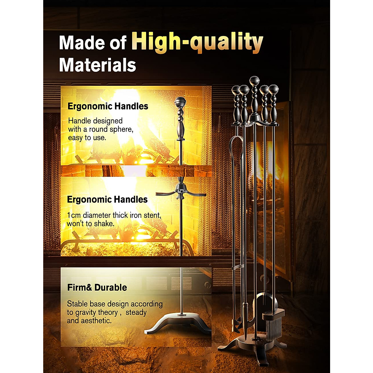 COMFYHOME 5-Piece Fireplace Tools Set 32'', Heavy Duty Wrought Iron Fire Place Tool w/Long Fire Poker, Shovel, Tongs, Brush, Stand for Outdoor Indoor Chimney,Stove, Fire Pit Easy to Assemble,Black