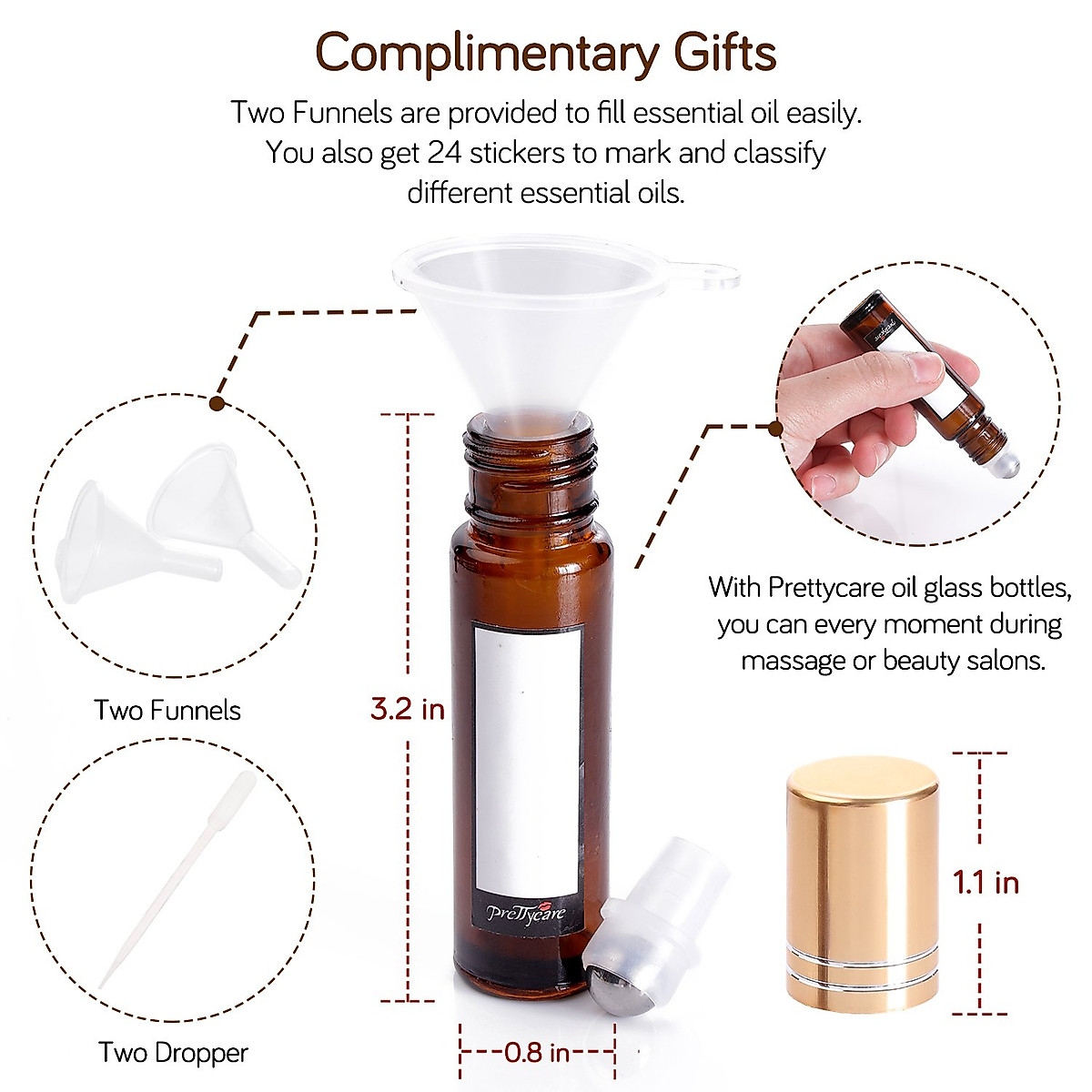 PrettyCare Roller bottles for oils 10ml (Amber Glass, 24 pack, 4 Extra Stainless Steel Balls, 48 Labels, Openers, 2 Funnels, 2 Droppers Roller Balls For Essential Oil Roller Bottles