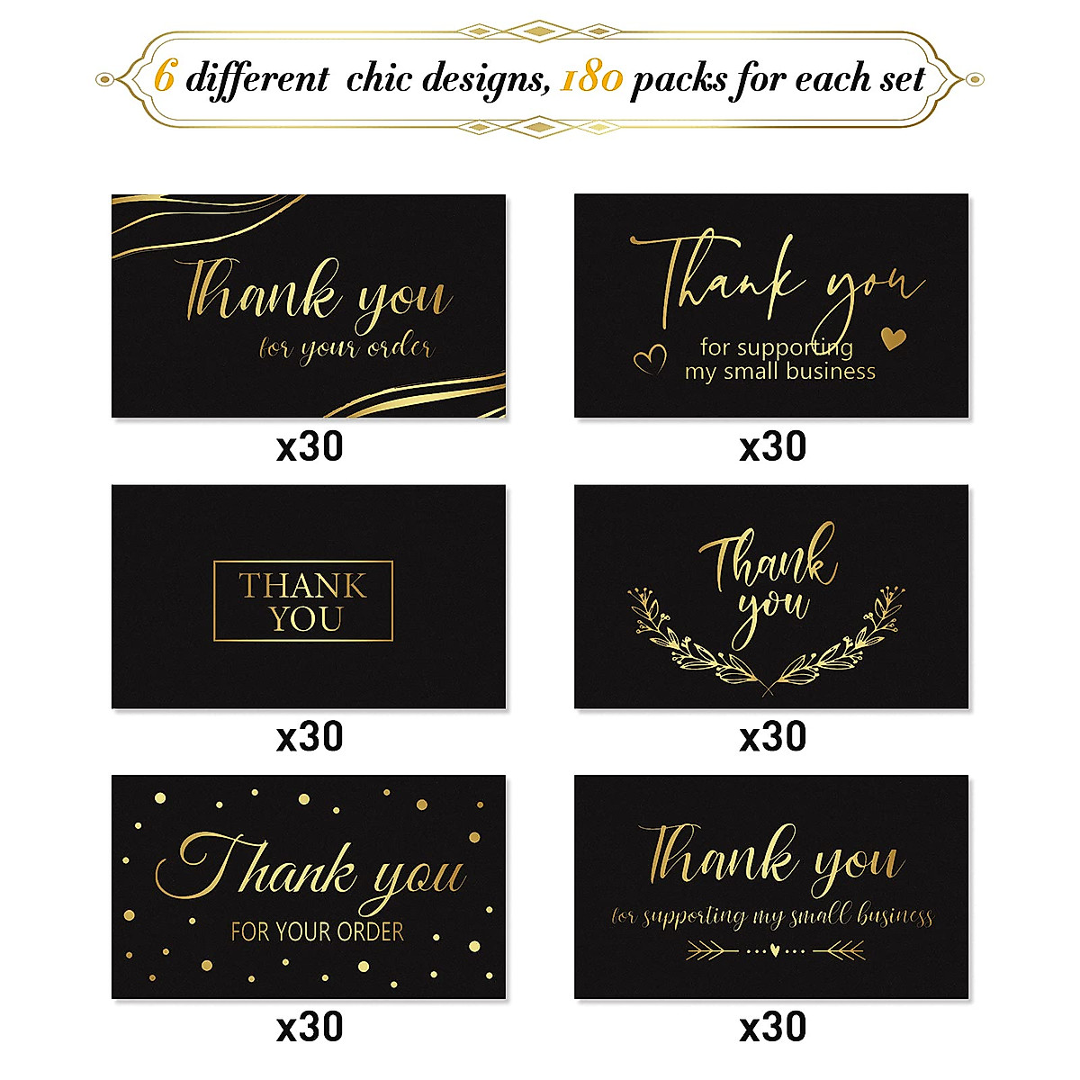 180 Black Gold Thank You for Supporting My Small Business Cards, Small Thank You for Your Order Cards, Thanks Greeting Cards for Retail Store, Handmade Goods, Shop Package Inserts, 2 x 3.5 Inch