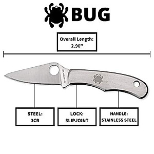 Spyderco Bug Non-Locking Knife with 1.27" 3CR Steel Blade and Durable Stainless Steel Handle - PlainEdge - C133P