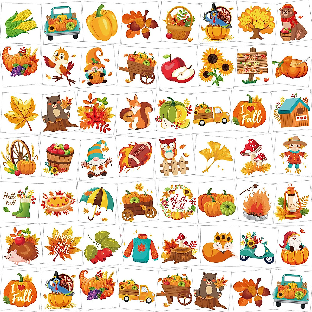HOWAF 96 Pieces Fall Temporary Tattoos, 48 Styles Autumn Harvest Temporary Tattoos Stickers for Kids, Thanksgiving Fake Tattoos with turkeys, owls, squirrels, pumpkins, maple leaves design for Happy Fall Decoration