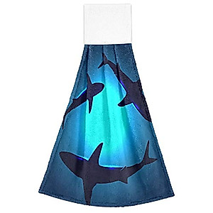 WELLDAY 2 Pcs Hanging Hand Towels Soft Absorbent Floating Sharks Towel for Kitchen Bathroom