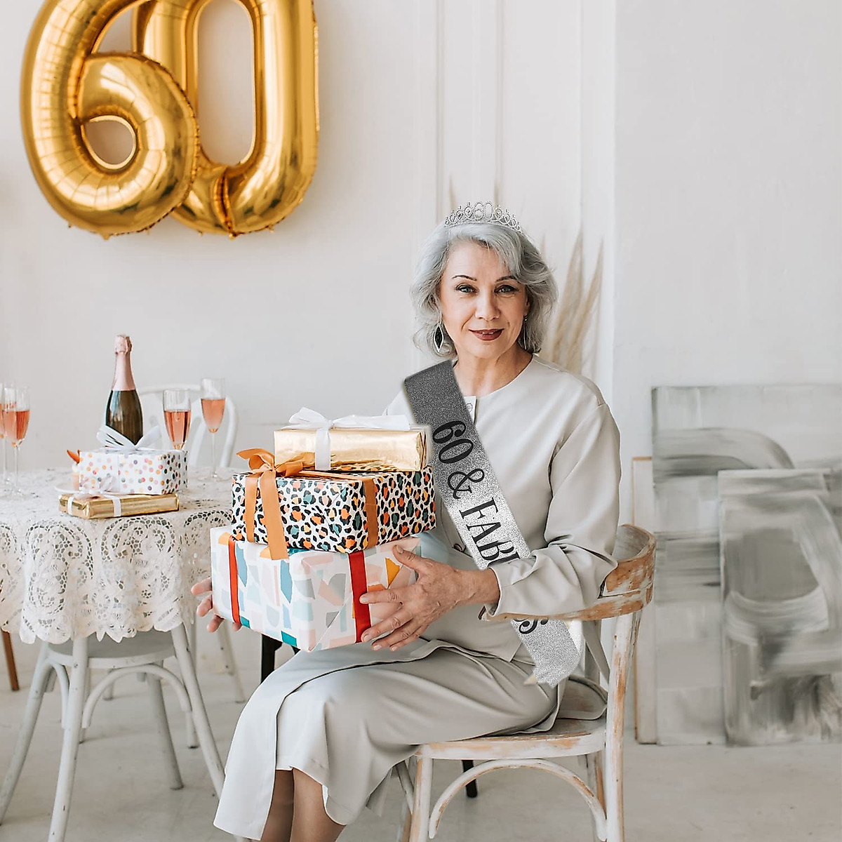 Tihebax 60th Birthday Sash and Tiaras for Women, 60th Birthday Decorations Women Fabulous Sash and Crown for Women 60 & Fabulous Birthday Gifts for Happy 60th Birthday Party Favor Supplies (Silver)