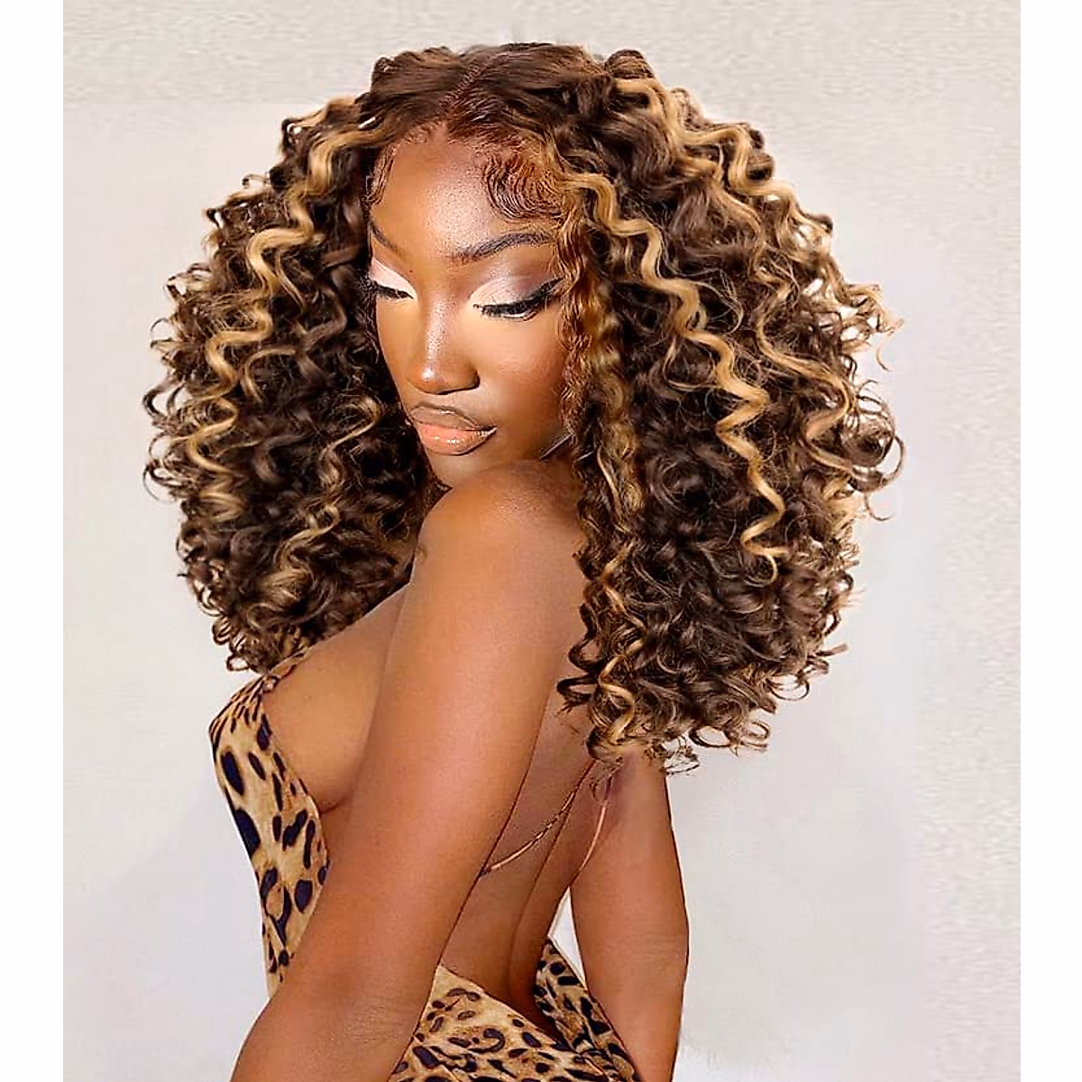 MITIMTES 16inch P4/27 Omber Honey Blonde Highlight HD Glueless Curly Lace Front Wig Pre Plucked with Babyhair Human Hair Blend Synthetic Short Curly Frontal Wig for Black Women