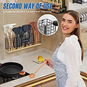 WellSign Kitchen Utensil Holder for Countertop with 4 Compartments, Black Metal Large Cooking Utensil Holder with Bamboo Base, Farmhouse Utensil Organizer for Kitchen Counter or Wall Mounted Storage