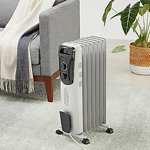Amazon Basics Oil Heater, Radiator Heater for Indoor Use, With Over-Heat Protection, 7 Oil-Filled Steel Fins, 3 Heat Settings, ETL-certified Safety, 1500W, White, 11"D x 14.8"W x 25.2"H