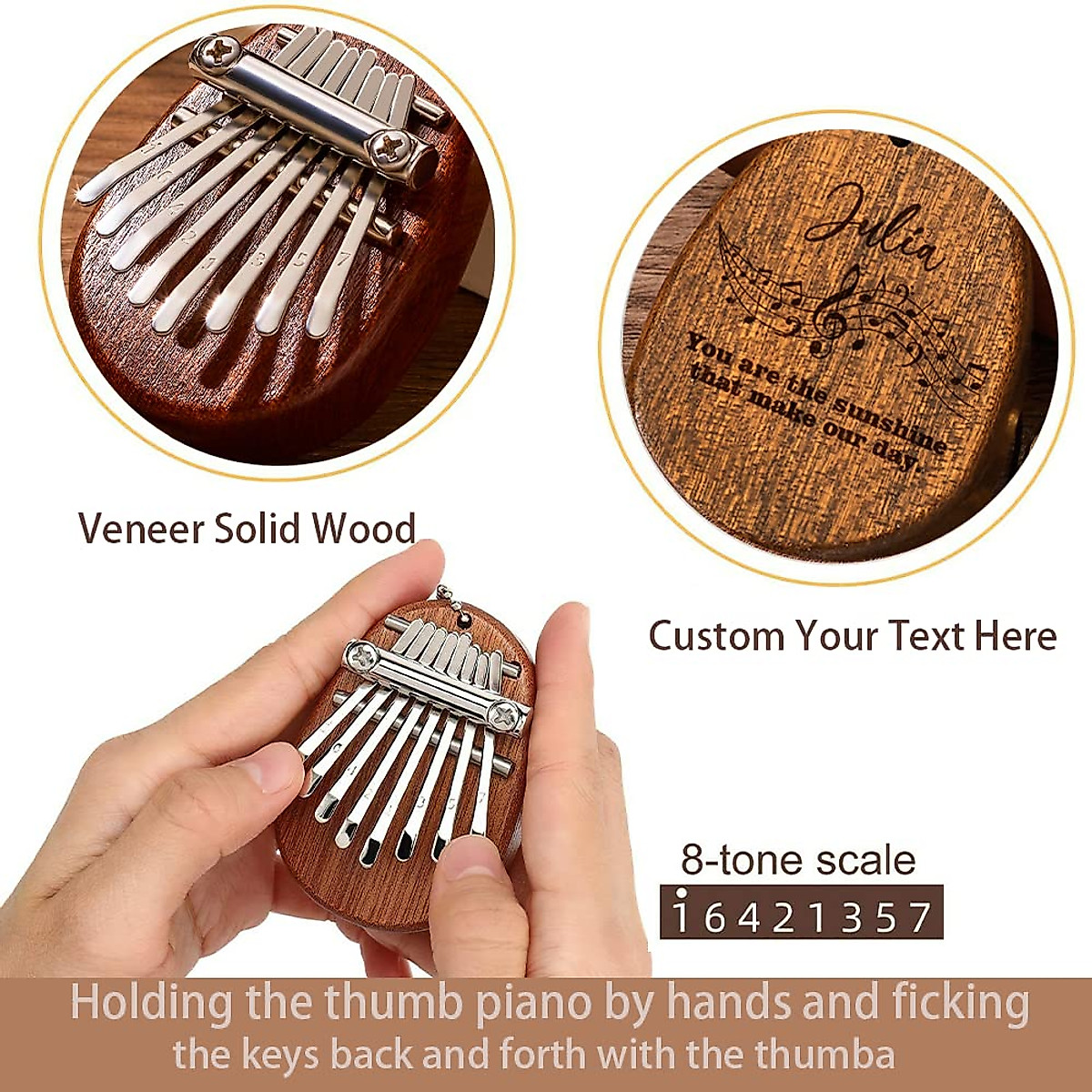 VEELU Custom 8 Key Mini Kalimba Thumb Piano with Your Name & Text, Portable Marimba Handmade Musical Instrument Beginner Kids Finger Piano Personalized Gifts for Girlfriend Valentine's Day Birthday