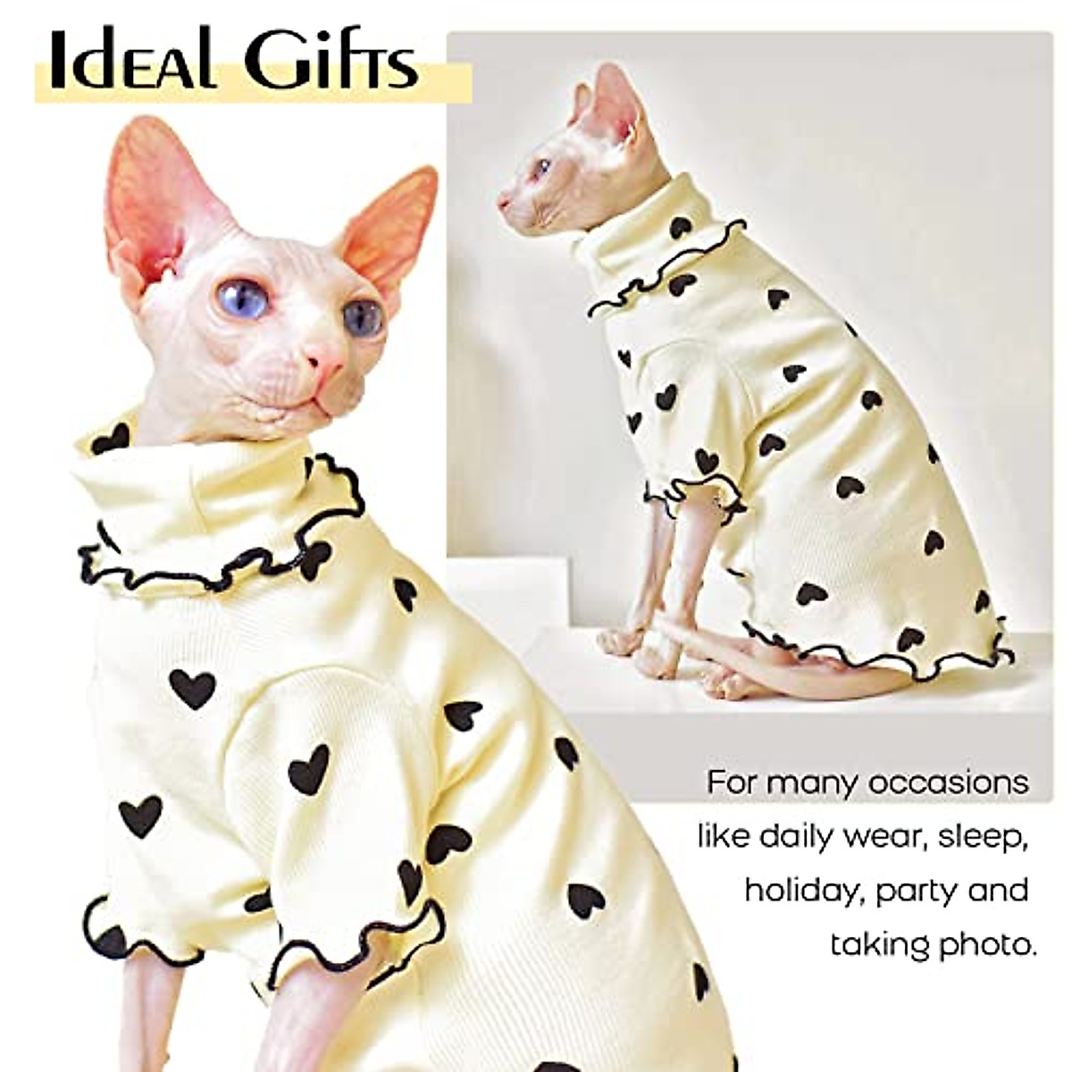 Bonaweite Sphynx Hairless Cats Clothes, Cotton Cute Heart Pattern Sweater T-Shirts with High Collar, Soft Breathable Puff Sleeves Kitten Cat Wear Shirt Apparel for Cornish Rex, Devon Rex, Peterbald