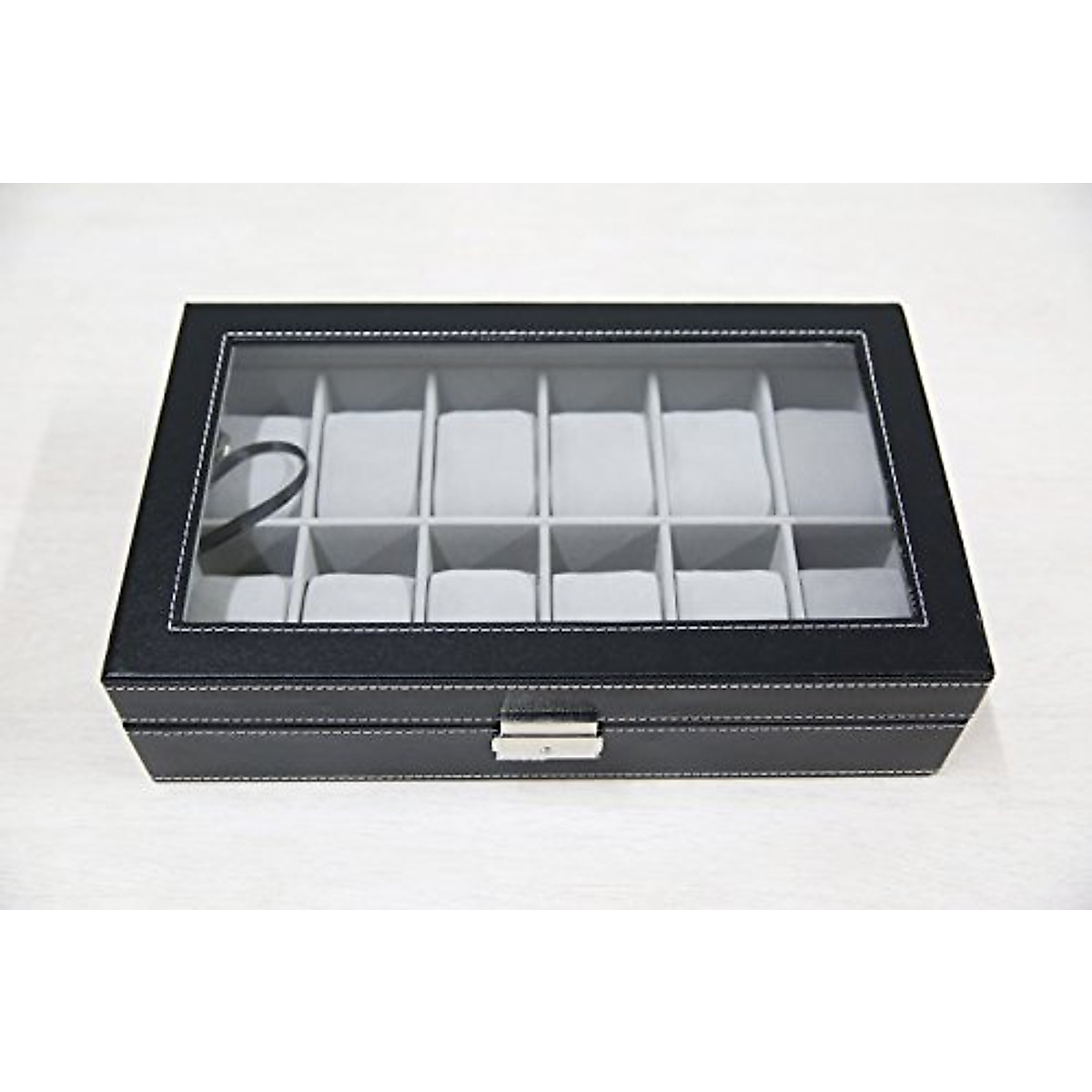 Sodynee WBPU12-03 Watch Dislpay Box Organizer, Pu Leather with Glass Top, Large, Black