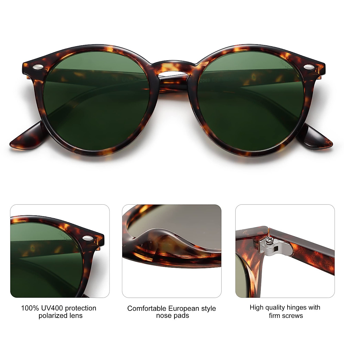 SOJOS Retro Round Polarized Sunglasses for Women Men Classic Vintage Sunnies SJ2069, Brown Tortoise/Green