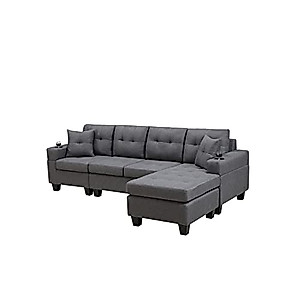 BIADNBZ Reversible Sectional Sofa with Chaise Lounge and Cupholders, L-Shape 4-Seat Couch Furniture for Living Room Apartment, w/2 Pillows, Gray