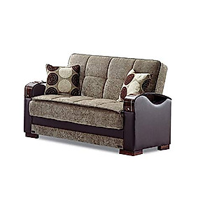 BEYAN Rochester Collection Upholstered Convertible Love Seat with Storage Space, Includes 2 Pillows, Dark Brown