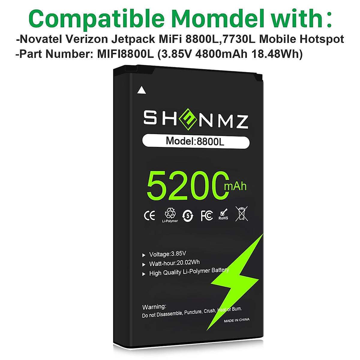 SHENMZ Verizon MiFi 8800L Battery, [5200mAh] Higher Capacity Li-ion Replacement Battery for Verizon Wireless Novatel Jetpack MiFi 8800L, Verizon Mifi7730L Mobile Hotspot P/N: 40123117