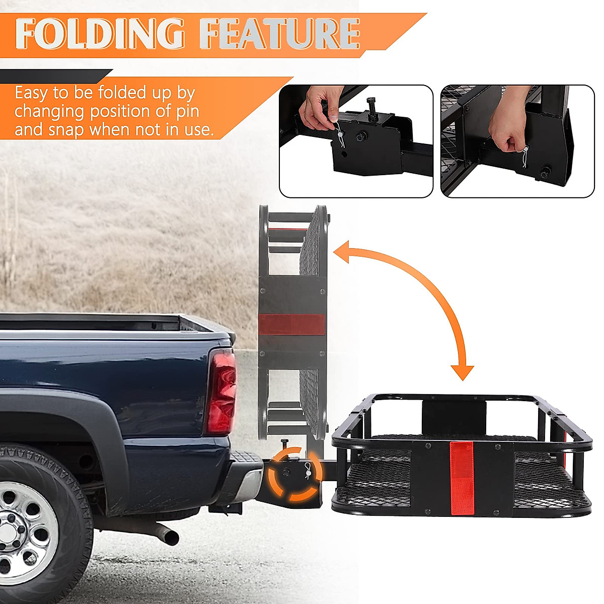 HUUHRIN 60"x21"x6" Cargo Hitch Carrier - 550lbs Capacity Trailer Hitch Cargo Carrier with Waterproof Bag Cover, Net and 2 Reinforced Straps - Folding Car Cargo Carrier Hitch Mount(Black)