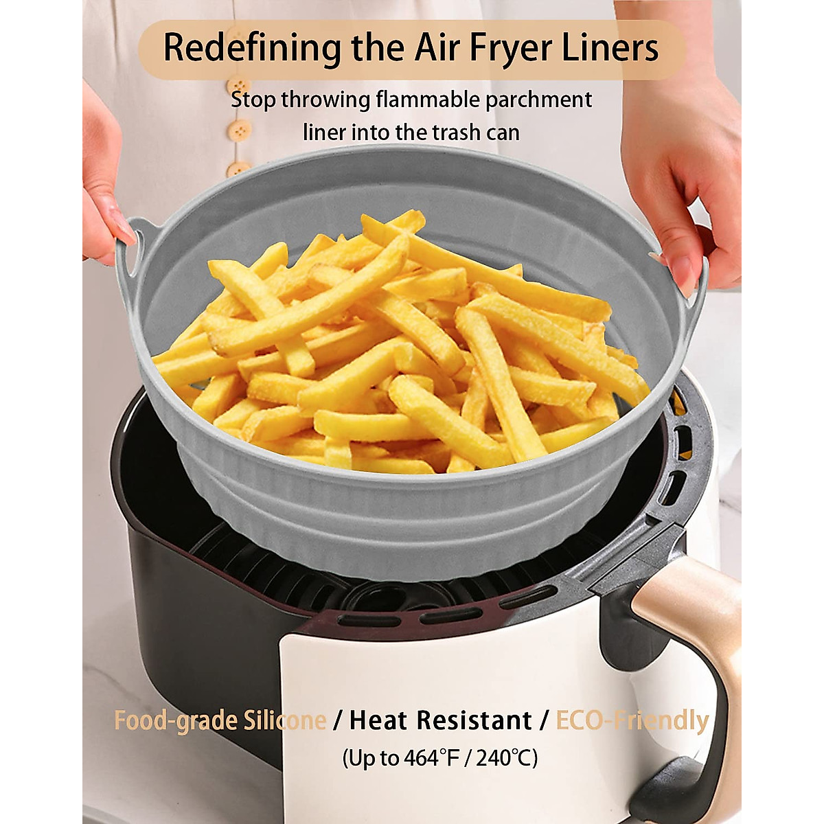 2-Pack, 7.9inch Air Fryer Silicone Liners Reusable, Foldable Air Fryer Silicone Basket, Heat Resistant Air Fryer Oven Accessories, Easy Cleaning Air Fryers Pot for 3-5 Qt Air Fryer (Grey)