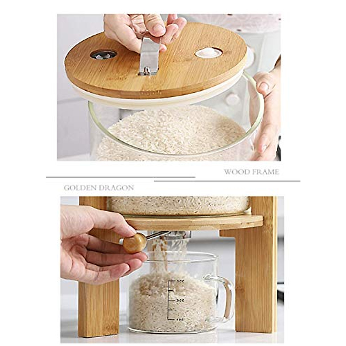 Flour and Cereal Container, Rice Dispenser 5L/8L, Creative Glass Food Storge Container for Kitchen Organization and Pantry Store, Airtight Lid and Wooden Stand5L