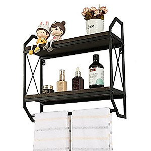 Abyssfish 2 Tier Metal Industrial Bathroom Shelves with Towel Bar Floating Storage Organizer Shelves Rustic Wall Mounted Shelves Over Toilet Towel Rack for Bathroom, Bedroom, Kitchen