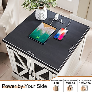 JXQTLINGMU Farmhouse End Table, 24" Large Sofa Side Table with Charging Station, Mesh Barn Door, and Adjustable Storage Shelf, Rustic Wood Square Nightstand for Living Room, Bedroom, Office, White