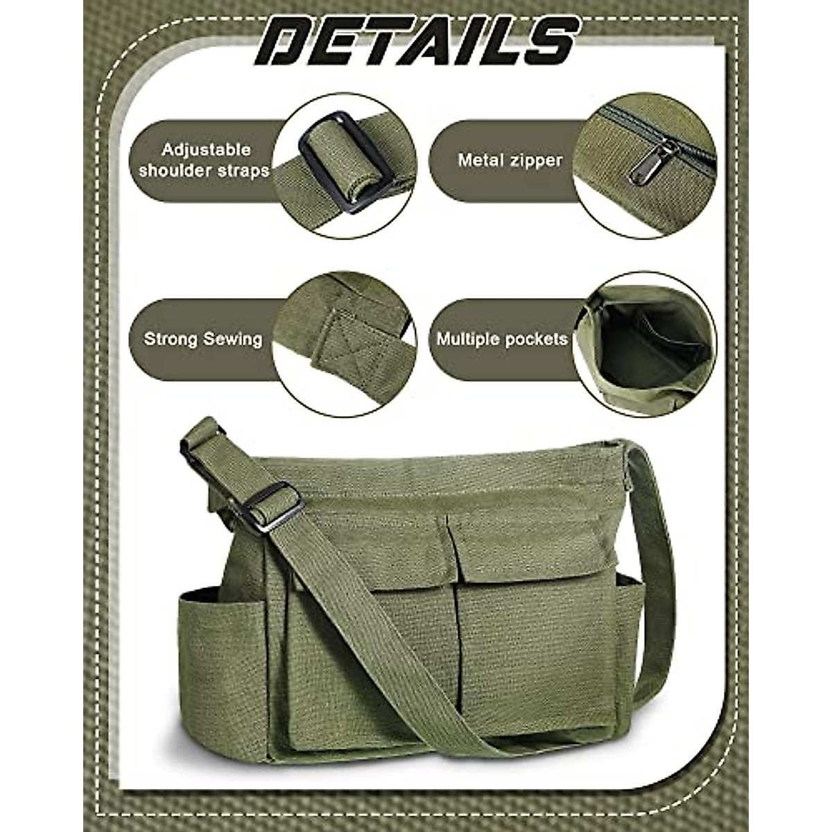 Sweetude Canvas Messenger Bag Crossbody Tote Bag with Multiple Pockets Laptop Large Shoulder Bags Aesthetic Casual Vintage Versatile School Cross Body Bag for Women Men, Green