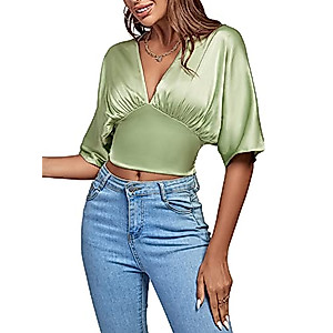 LYANER Women's Satin Deep V Neck Ruched Blouse Shirred Back Batwing Short Sleeve Crop Top Light Green X-Large
