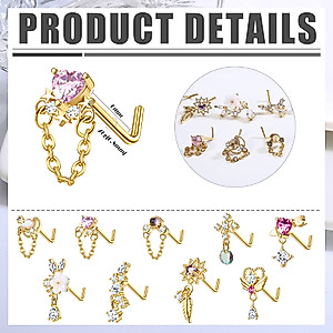 JOERICA 9 Pcs 20G Dangle Nose Rings Studs for Women Stainless Steel L Shaped Nose Studs Heart Arrow Feather Snowflake Wing CZ Dangling Nose Piercing Jewelry