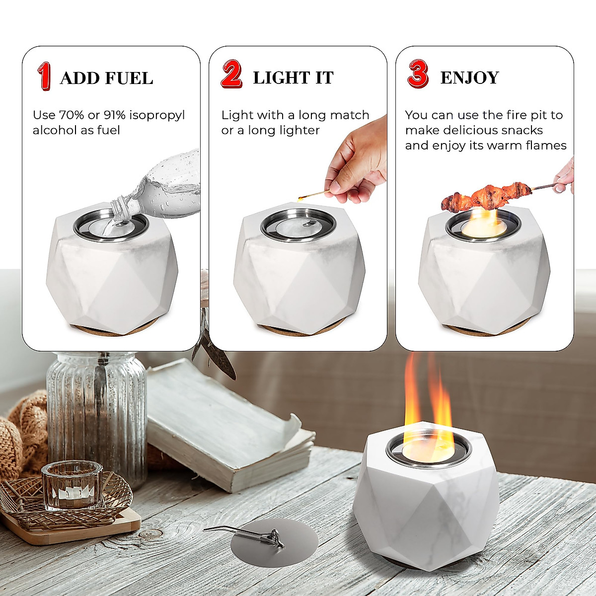 Hexagonal Concrete Tabletop Fire Pit - Indoor/Outdoor Smokeless Fire Pit with 2 Stainless Steel Chambers Burns Rubbing Alcohol, Bio Ethanol Fuels - Table Top Fire Pit Bowl/Mini Tabletop Fireplace