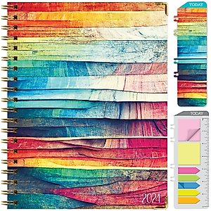 Global Printed Products, HARDCOVER 2024 Planner: (November 2023 Through December 2024) 8.5"x11" Daily Weekly Monthly Planner Yearly Agenda Bookmark, Pocket Folder & Sticky Note Set (Rainbow Oak)
