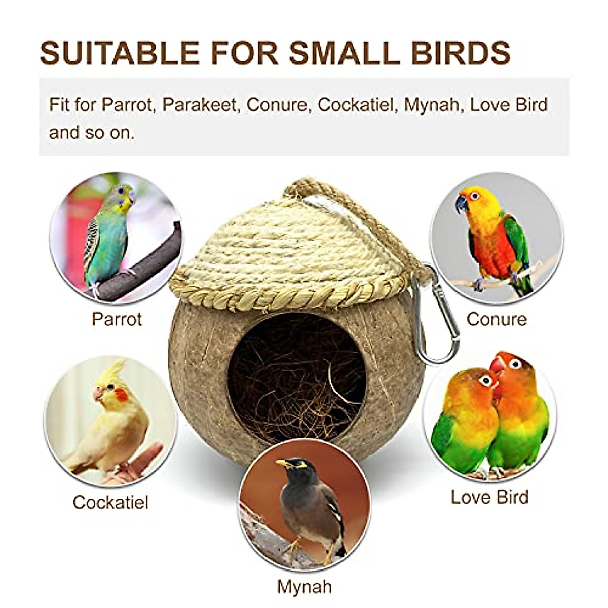 Bird House with Coconut Woven Straw, Natural Coconut Bird Cage with Woven Cover，Bird Nest for Parrot, Hamster, Squirrel, Rat, Lovebird, Finches