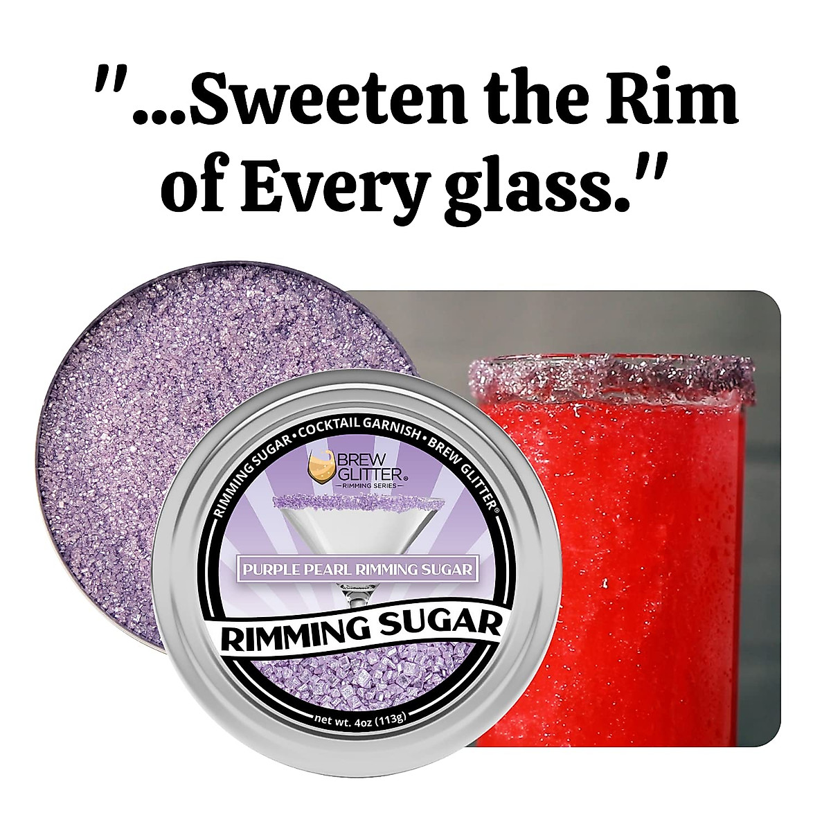 BREW GLITTER Purple Pearl Cocktail Rimming Sugar, Drink Rimmer for Beverages, Cocktails, Margaritas, Drinks, Kosher Certified (4oz, Purple Pearl)