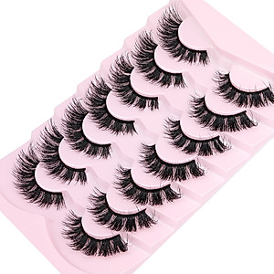 JIMIRE Mink Lashes Natural Look Silk False Eyelashes Fluffy Cat Eye 6D Wispy Faux Mink Lashes Flat Soft Strips 15MM Fake Lashes 7 Pairs Pack