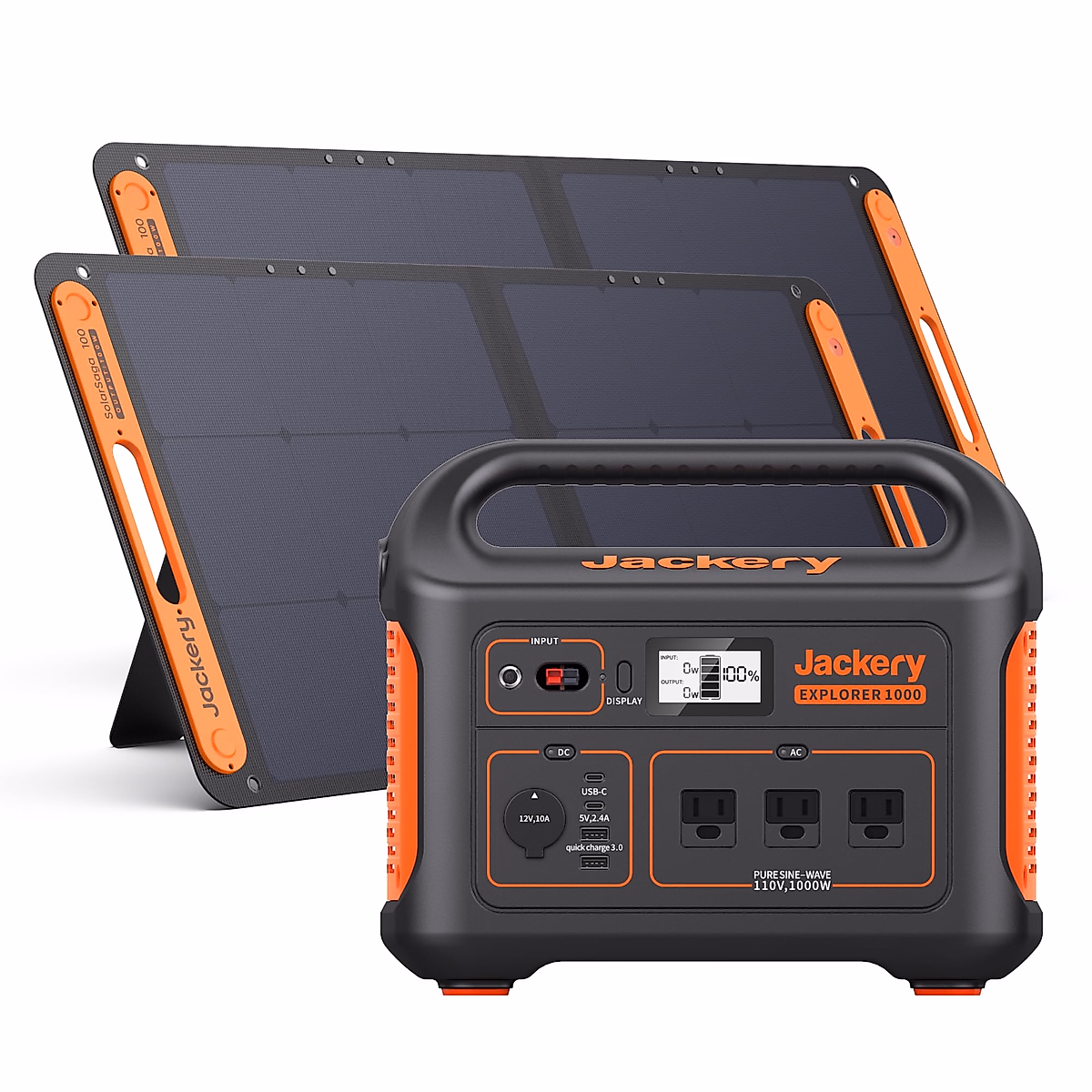 Jackery Solar Generator 1000, 1002Wh Capacity with 2xSolarSaga 100W Solar Panels, 3x1000W AC Outlets, Portable Power Station Ideal for Home Backup, Emergency, RV Outdoor Camping Black, Orange