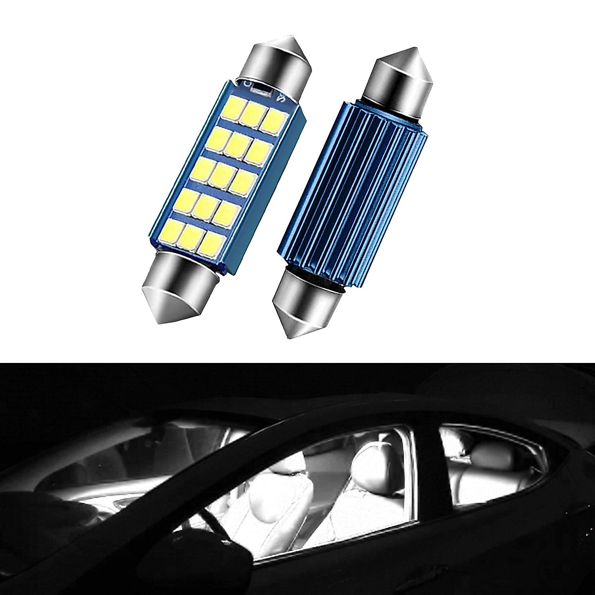 UGSHY 2 PCS Car LED Extremely Bright Bulbs, 1.6" 6000K 2835 Chipsets 1200LM Bulbs for LED Interior Dome Map Door Lights 211-2 212-2 569 6411 6451 41mm 42mm (White)