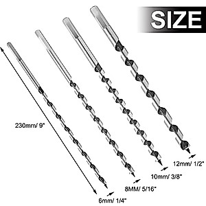 LDEXIN 4 Pcs 9" (230mm) Length Wood Auger Drill Bit Set, 6/8/10/12mm Hex Shank Ship Auger Bit Brad Point Auger Drill Bits for Hardwood, Softwood