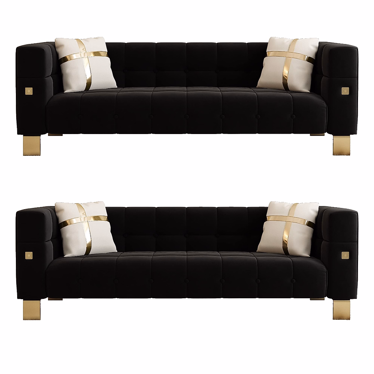 Hommoo Mid Century Modern Sofa for Living Room Velvet Sofa Small Couch for Small Space Chesterfield Sofa Couch with Gold Legs for Apartment Bedroom Office with Pillows 89" Set of 2 Black