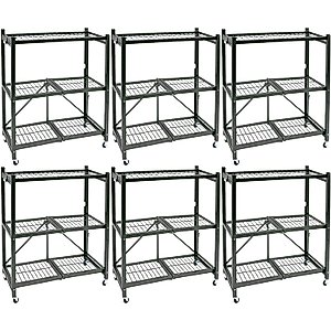 Origami R3 General Purpose Foldable 3-Tiered Shelf Storage Rack with Wheels for Home, Garage, or Office, Pewter (6 Pack)