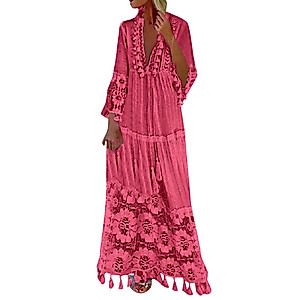 Ladies Fashion V Neck Long Sleeve Lace Tassel Long Dress Beach Dress Casual Dress Casual Spring Dresses for Women 2023 Pink