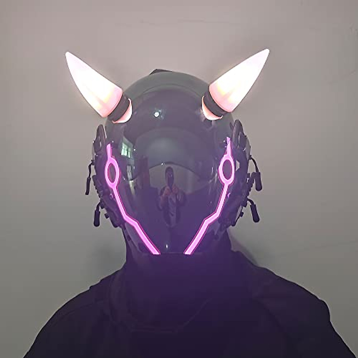 KYEDAY Punk Mask for Men, LED Ox horn Mask,Futuristic Punk Techwear, Cosplay Halloween Fit Party Music Festival Accessories (pink)