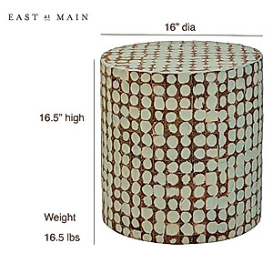 East at Main Round Side Table - 16”Dia x 16.5” h Living Room, Entryway, Small Spaces, Bedside Tables - Real Coconut Shell Mosaic Inlaid, Pre-Assembled, Natural and Sage Green Patina Finish