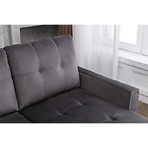 SONGG 77" L-Shape Sectional Sofa w/Storage Chaise, Velvet Reversible Convertible Couch with Pull Out Bed, Removable Cushions, Button Tufted Backrest, for Living Room, Office, Dark Gray