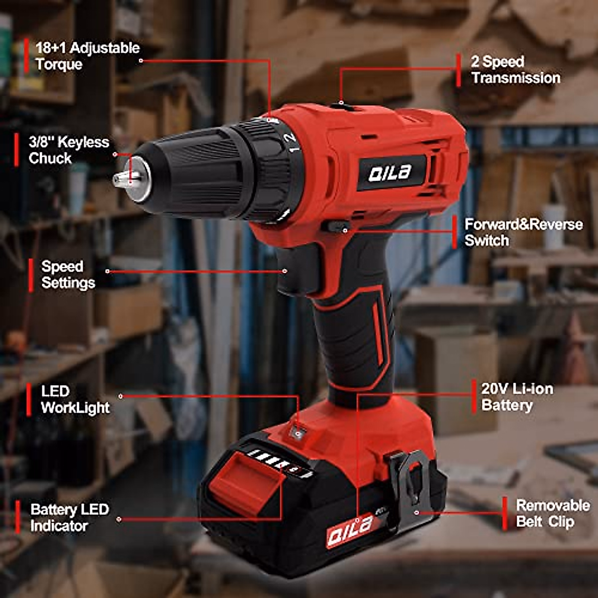 QILA 20V MAX Cordless Drill and Driver, 3/8'' Keyless Chuck, Power Drill Cordless Set with 2.0Ah Battery & Charger, Electric Drill with Variable Speed, 2 Variable Speed, 18+1Position, 22pcs Drill Bits